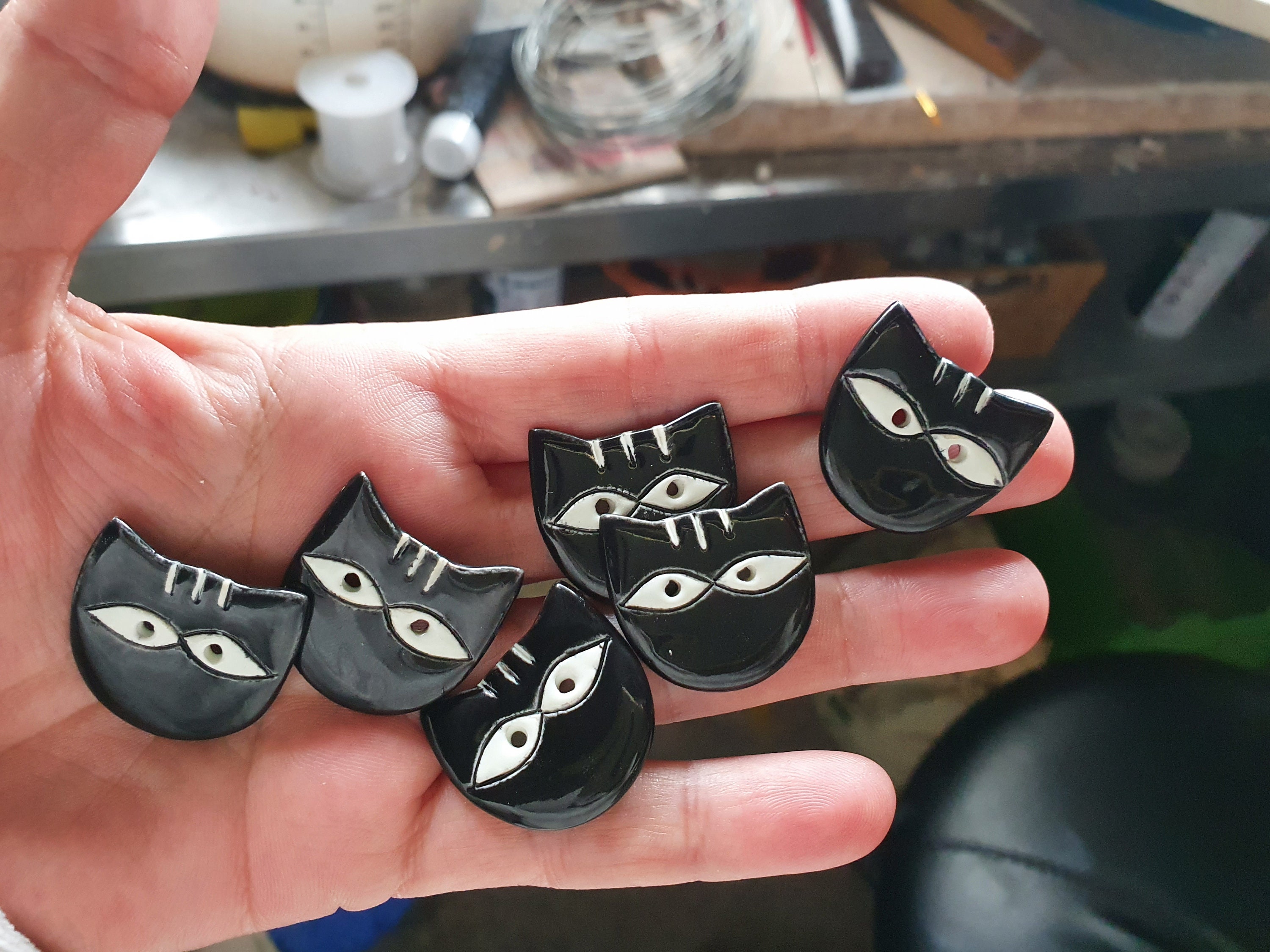 Handmade ceramic cat shaped buttons Set of 6 black and white | Etsy
