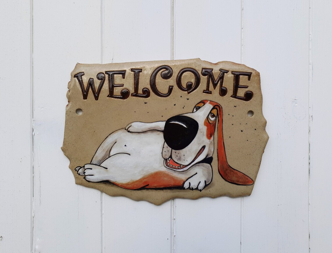 Hand Painted Ceramic Plaque With Dog Welcome Sign Outdoor - Etsy UK