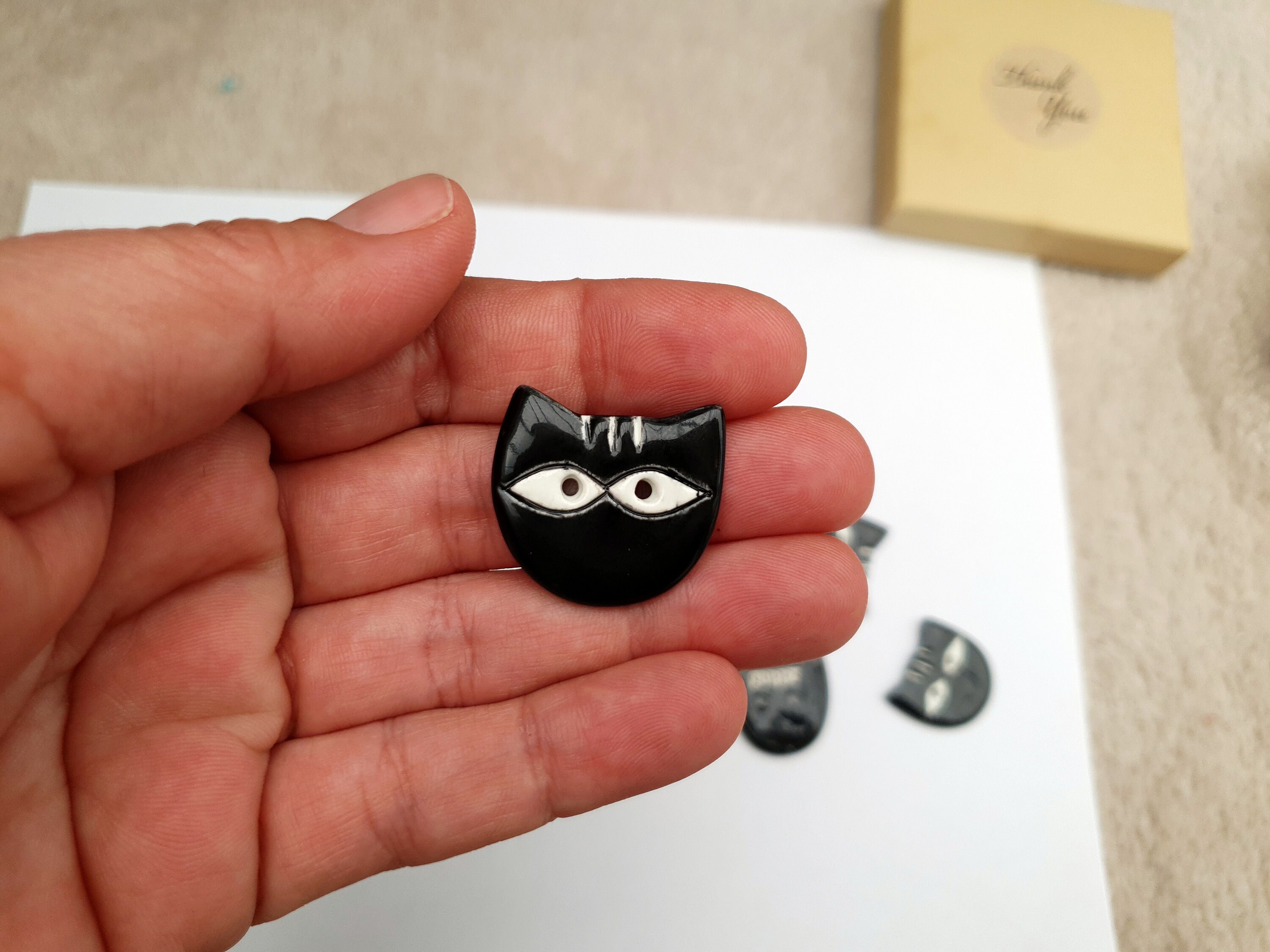 Handmade ceramic cat shaped buttons Set of 6 black and white | Etsy