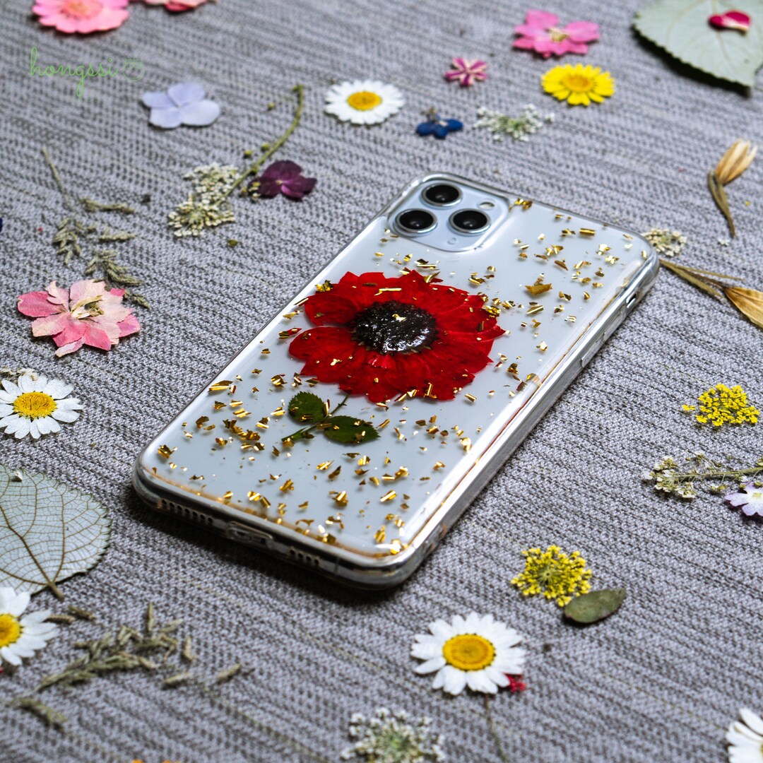 Handmade Pressed Real Red Dried Flower & Gold Glitter iPhone Case ...