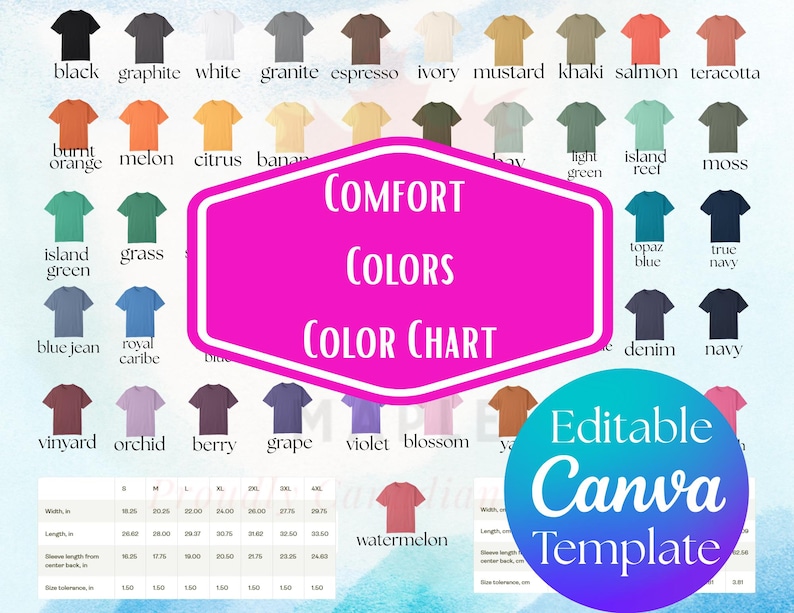 Comfort Colors Size & Color Chart | Digital Download | PNG/JPG/PDF ...