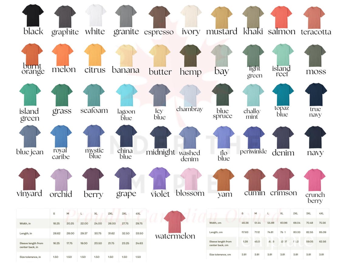 Comfort Colors Size & Color Chart | Digital Download | PNG/JPG/PDF ...