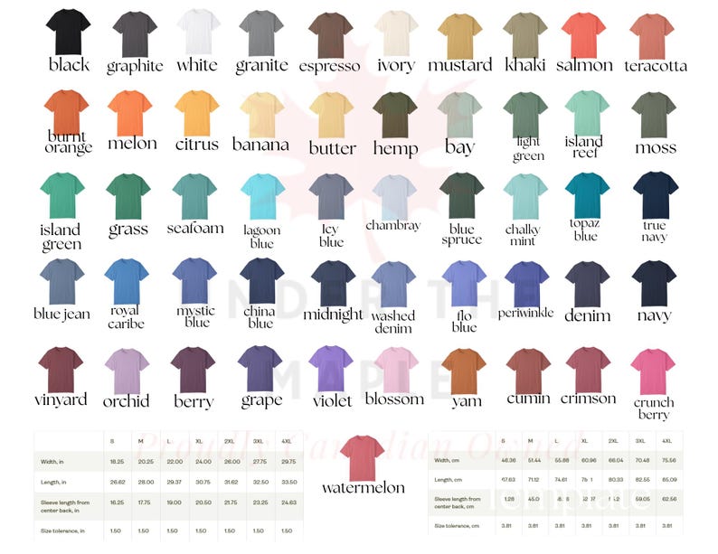 Comfort Colors Size & Color Chart | Digital Download | PNG/JPG/PDF ...