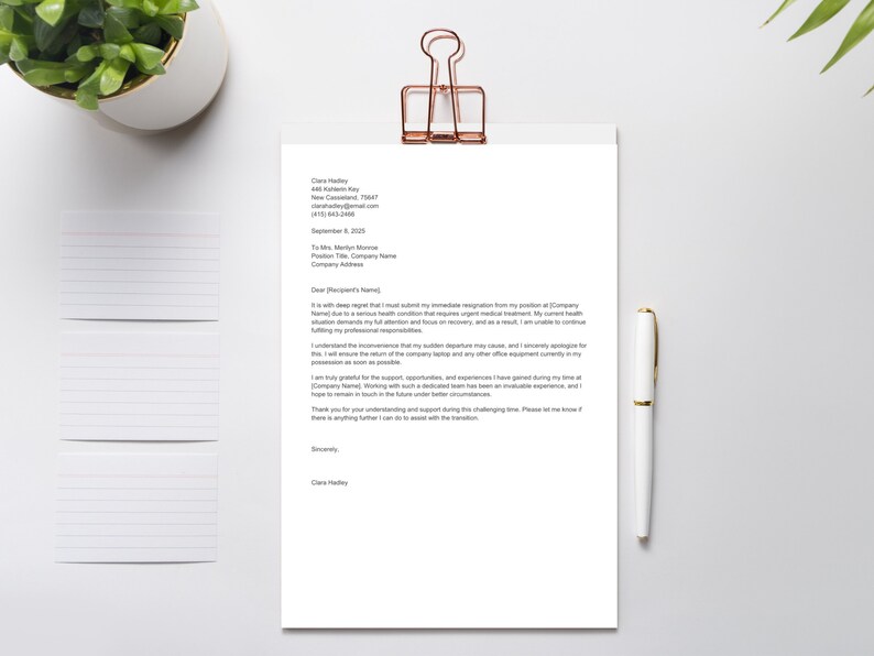 Resignation Letter for Health Reason, Medical Reasons Resign Letter ...