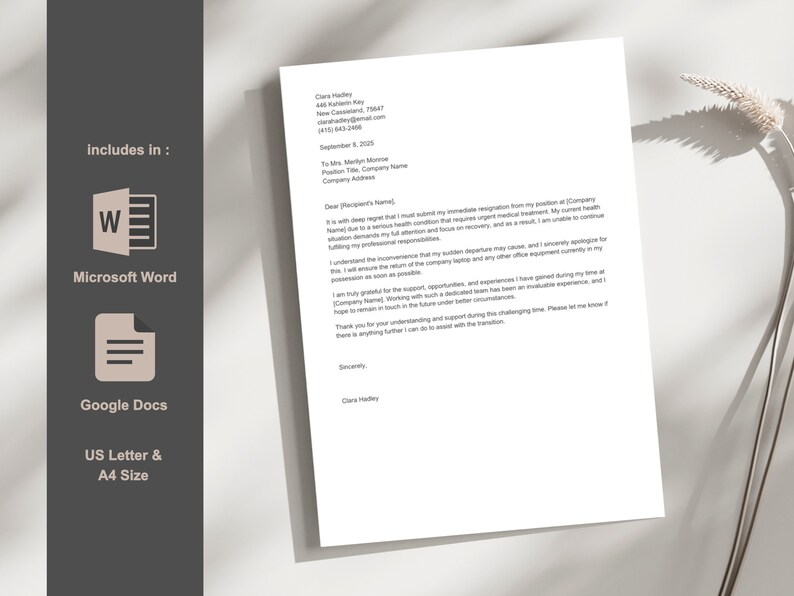 Resignation Letter for Health Reason, Medical Reasons Resign Letter ...