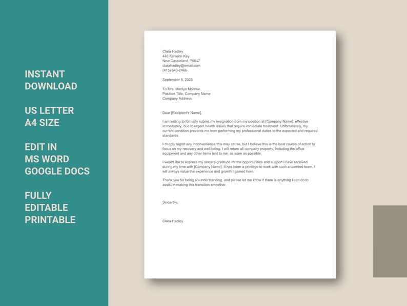 Resignation Letter for Health Reason, Professional Resign Template ...
