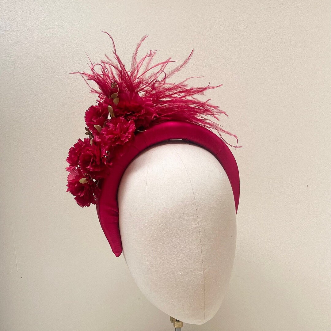 Red Flower Fascinator Headband, Pom Pom Feather Carnation Corsage Silk ...