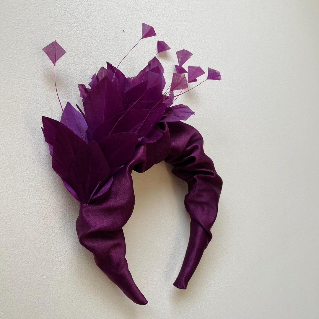 Plum Feather Padded Fascinator Headband, Aubergine Grape Ruffle ...