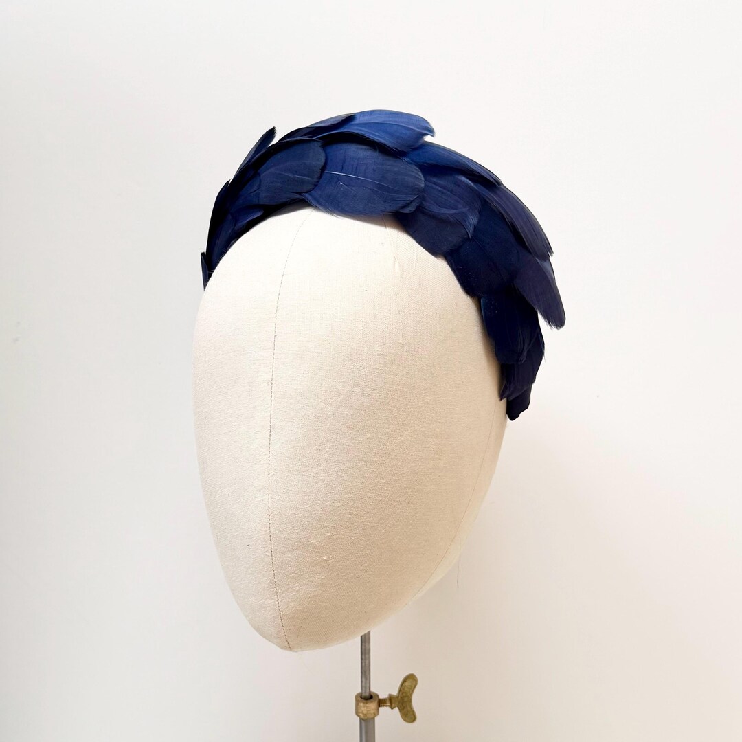 Navy Blue Feather Headband, Veiled Fascinator Halo Hair Crown ,luxury ...