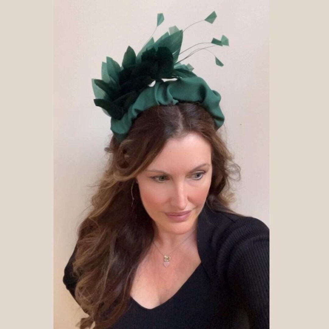 Green Fascinator Headband. Forest Bottle Green Feather Silk Ruffle ...