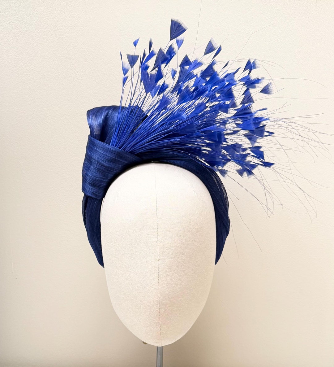 Royal Blue Feather Turban Knot Fascinator Headband, Silk Abaca Knot ...
