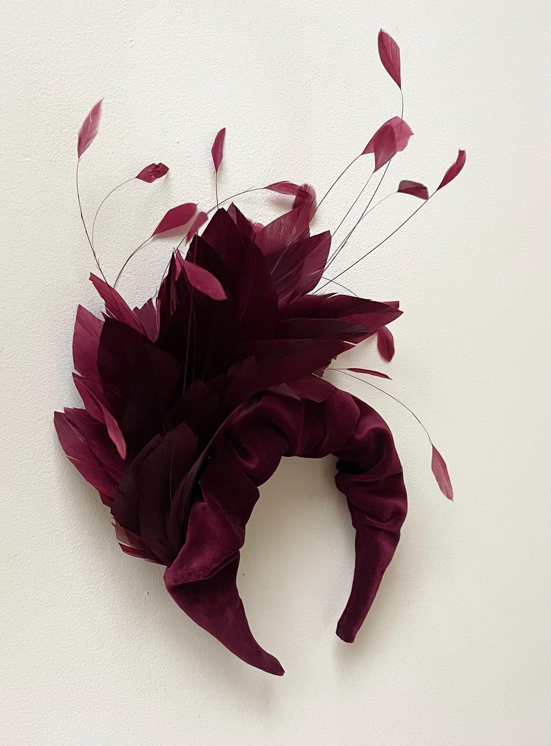 Burgundy Velvet Large Feather Fascinator Headband, Large Feather Ruffle ...