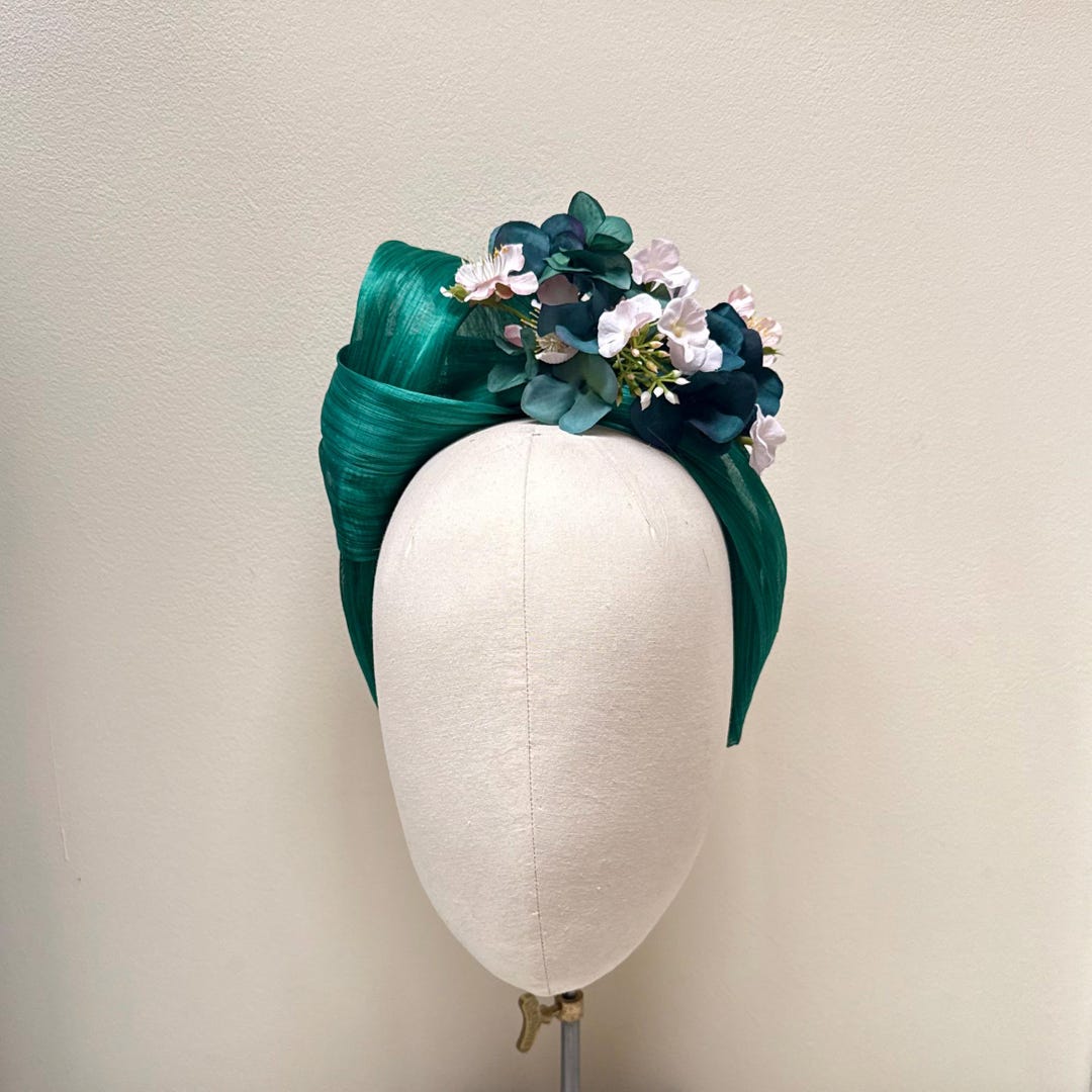 Green Flower Fascinator Headband, Silk Abaca Turban, Wedding Headpiece ...