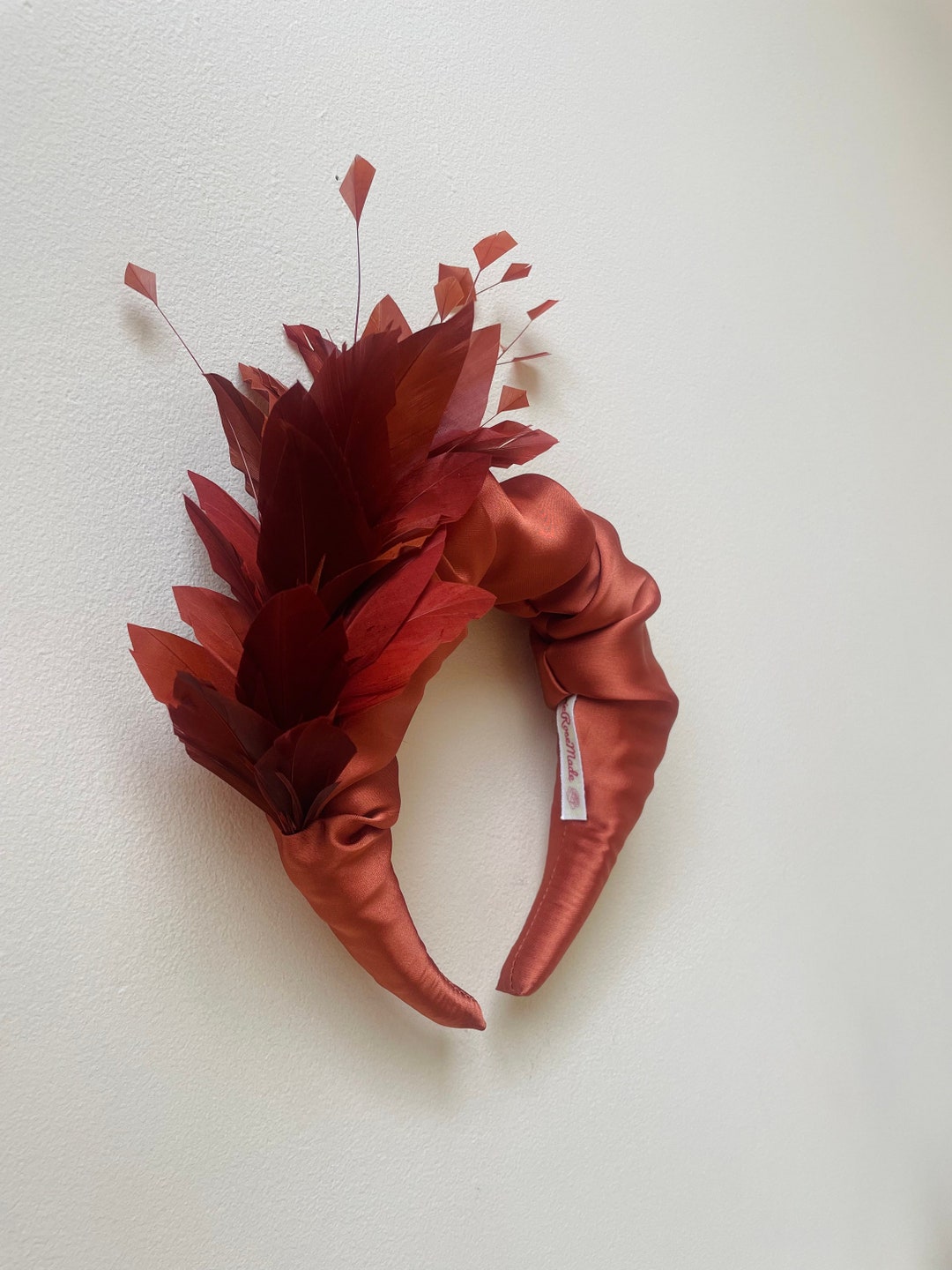 Rust Burnt Orange Feather Headband Fascinator, Cooper Silk Satin Ruffle ...