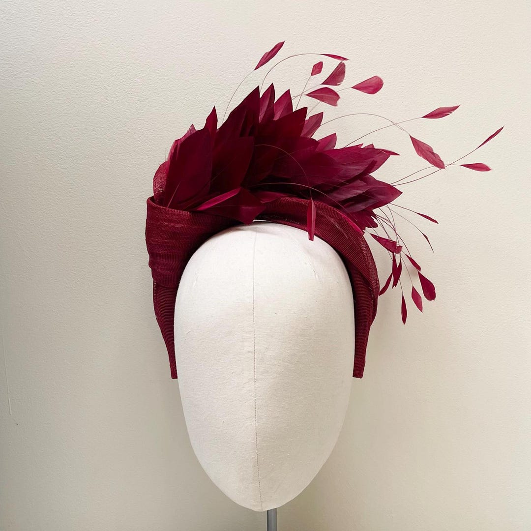 Burgundy Wine Red Feather Fascinator Headpiece.large Feather Headband ...