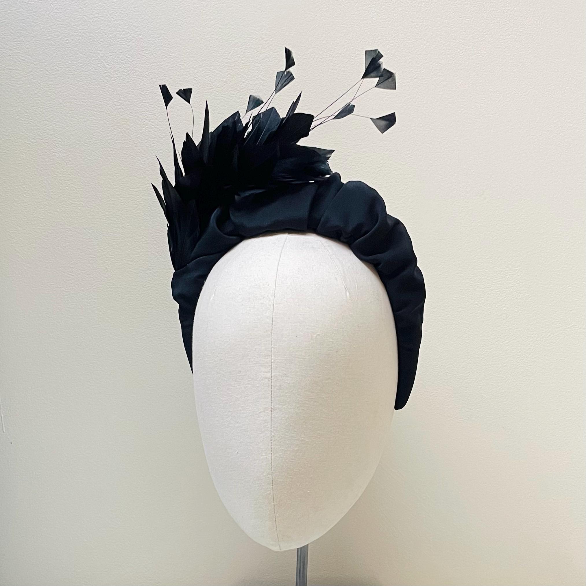 Black Feather Headband Fascinator, Pure Silk Padded Halo Veil Headpiece ...