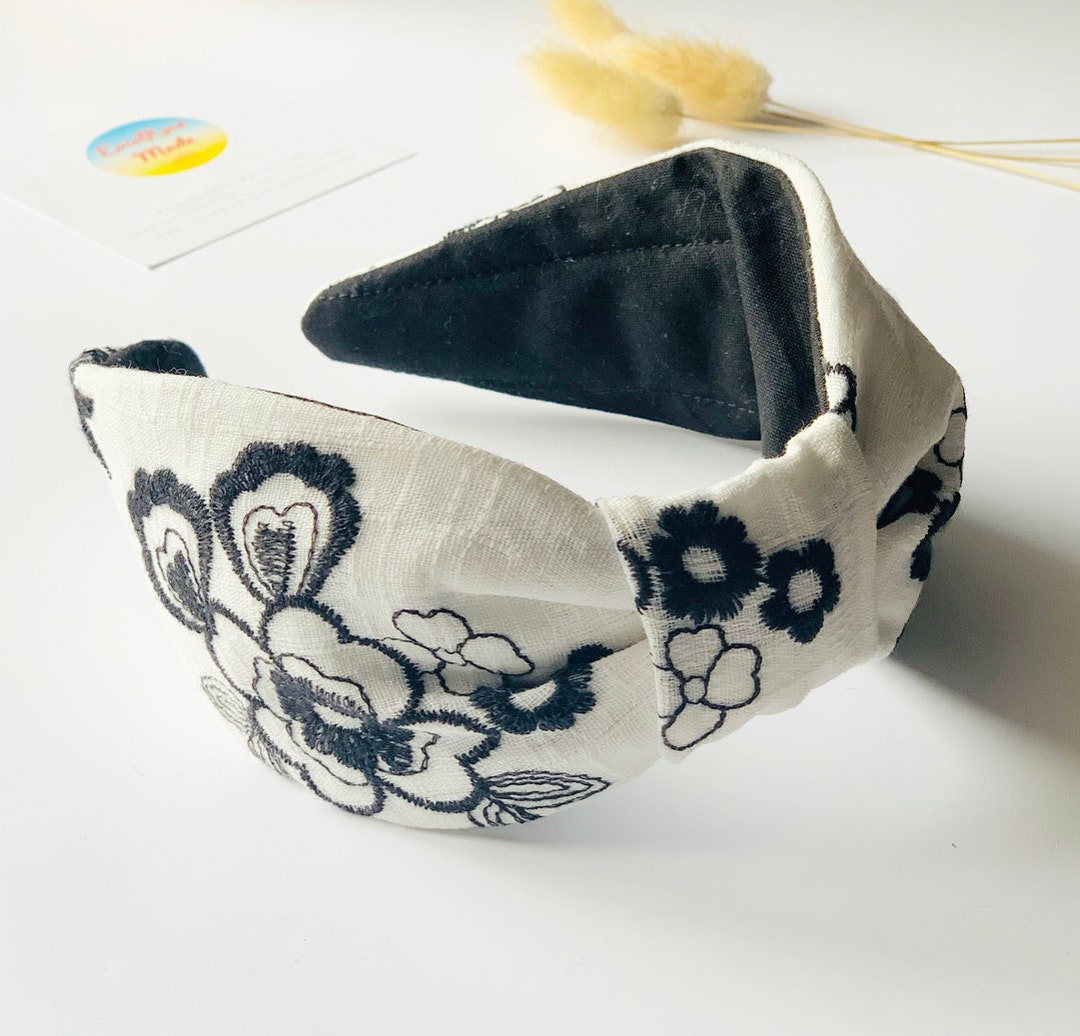 Embroidered Headband, White and Black Floral Embroidered Aliceband ...