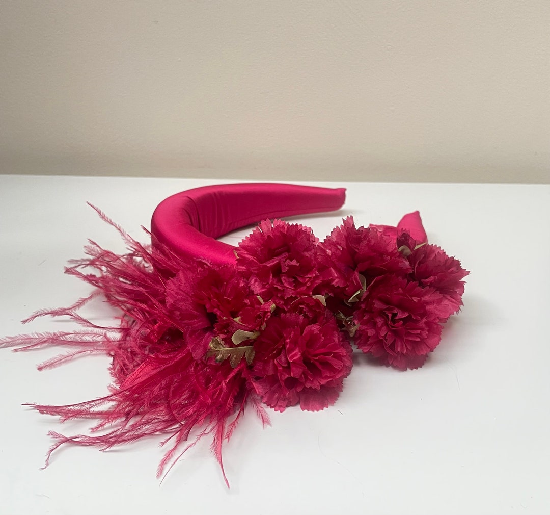 Red Flower Fascinator Headband, Pom Pom Feather Carnation Corsage Silk ...