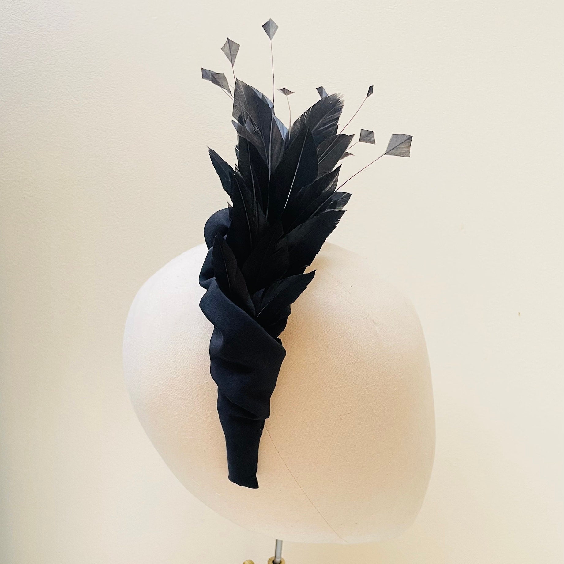 Black Feather Headband Fascinator, Pure Silk Padded Halo Veil Headpiece ...