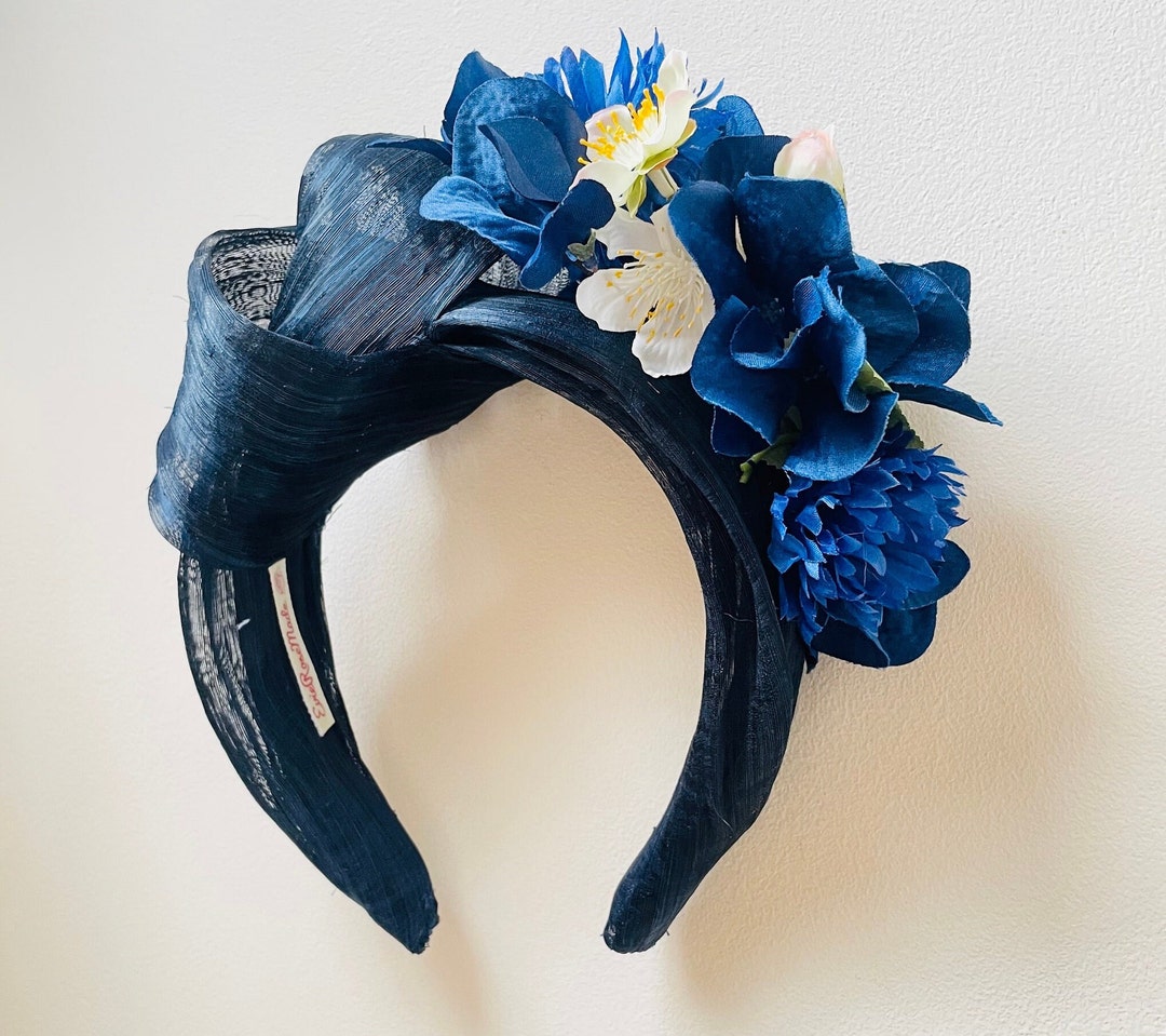 Navy Blue Flower Headband Fascinator, Modern Luxury Silk Abaca ...