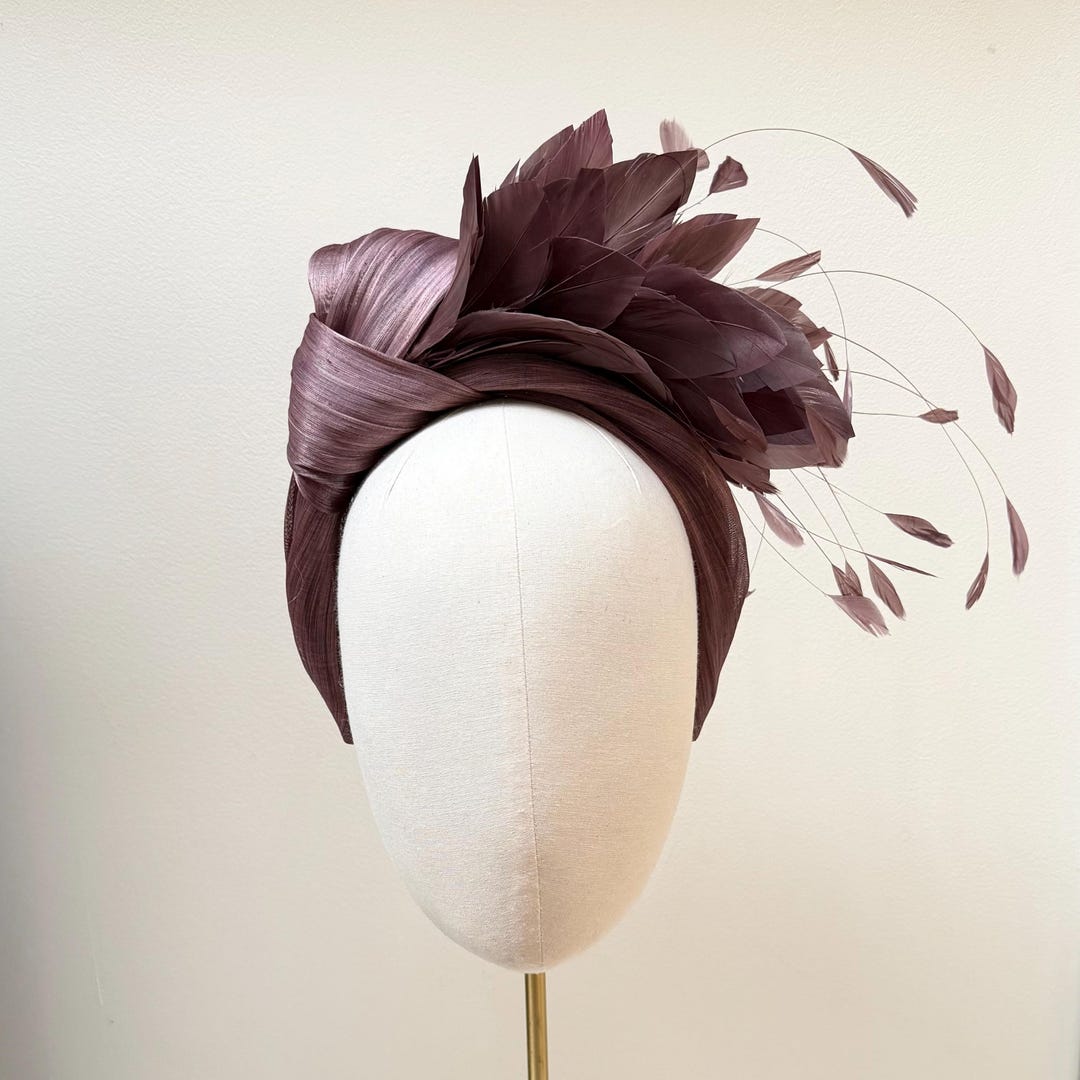 Taupe Feather Fascinator Headband, Silk Abaca Turban, Race Day - Etsy