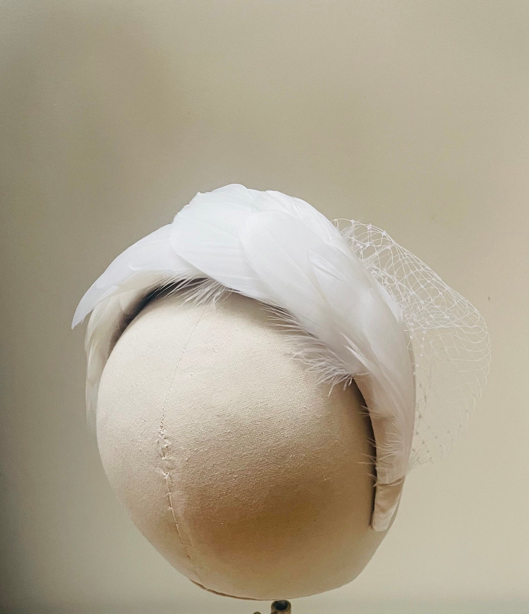 White Feather Headband Fascinator, Veiled Halo, Wedding Headpiece - Etsy