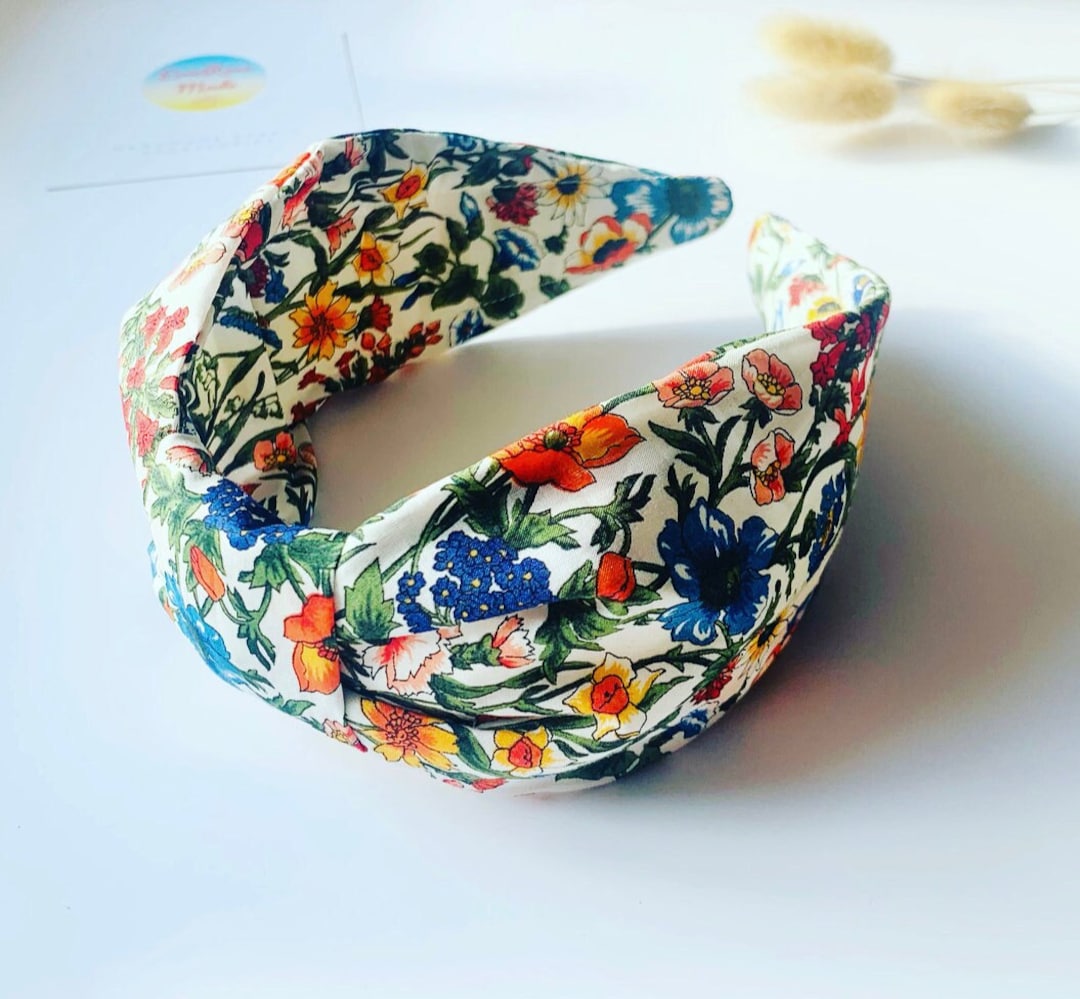 Liberty Flat Knot Headband, Wide Knot Hairband, Blue and Orange Flower ...