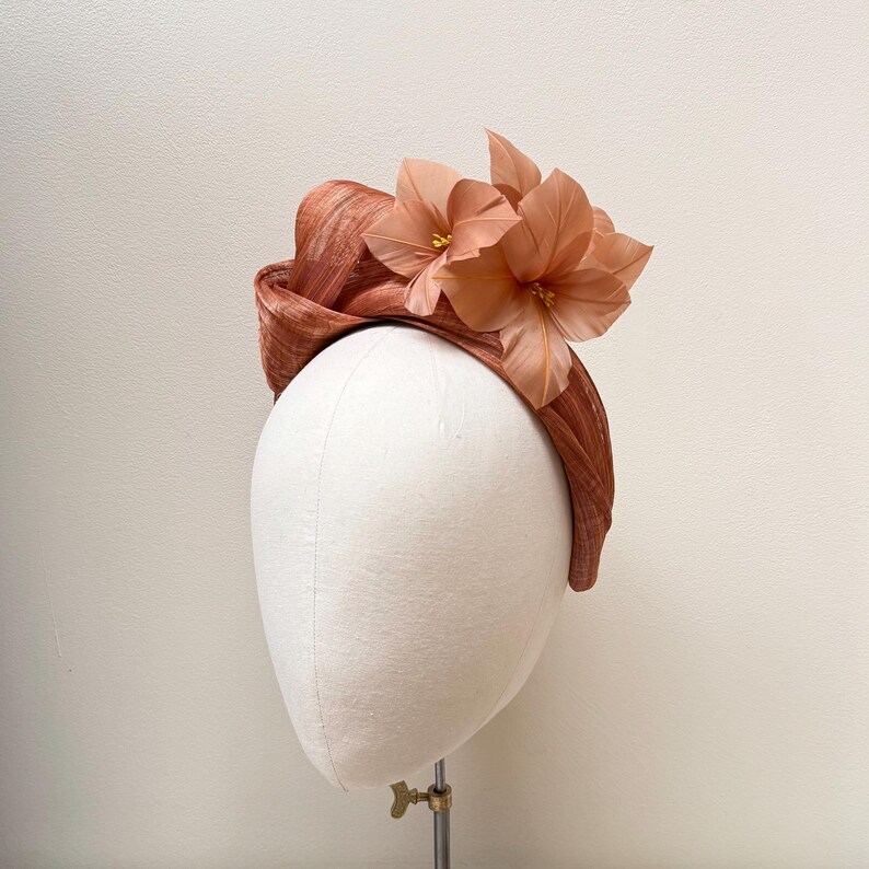 Rust Brown Feather Fascinator, Headband, Silk Abaca Turban Knot Silk ...