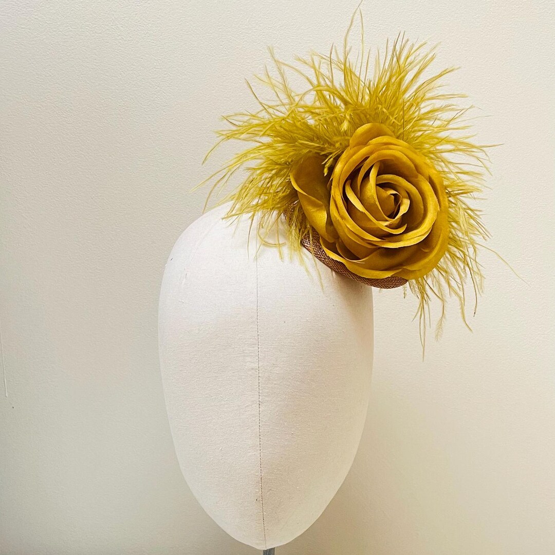 Golden Yellow Ostrich Feather Flower Fascinator, Min Hat, Silk Rose ...