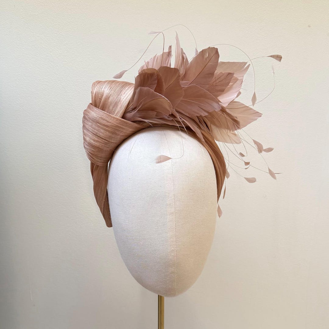 Latte Blush Feather Fascinator, Beige Champagne Silk Turban Headpiece ...