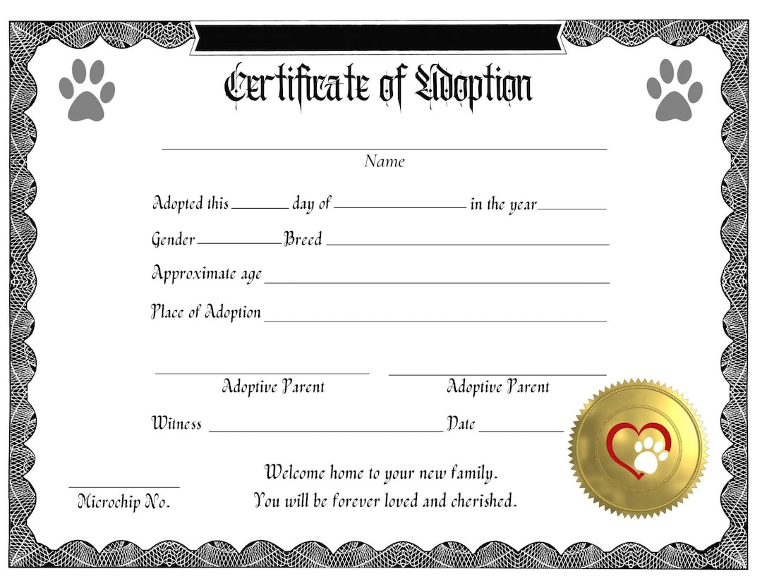 Dog Adoption Certificate DIGITAL DOWNLOAD Printable, Pet Adoption ...