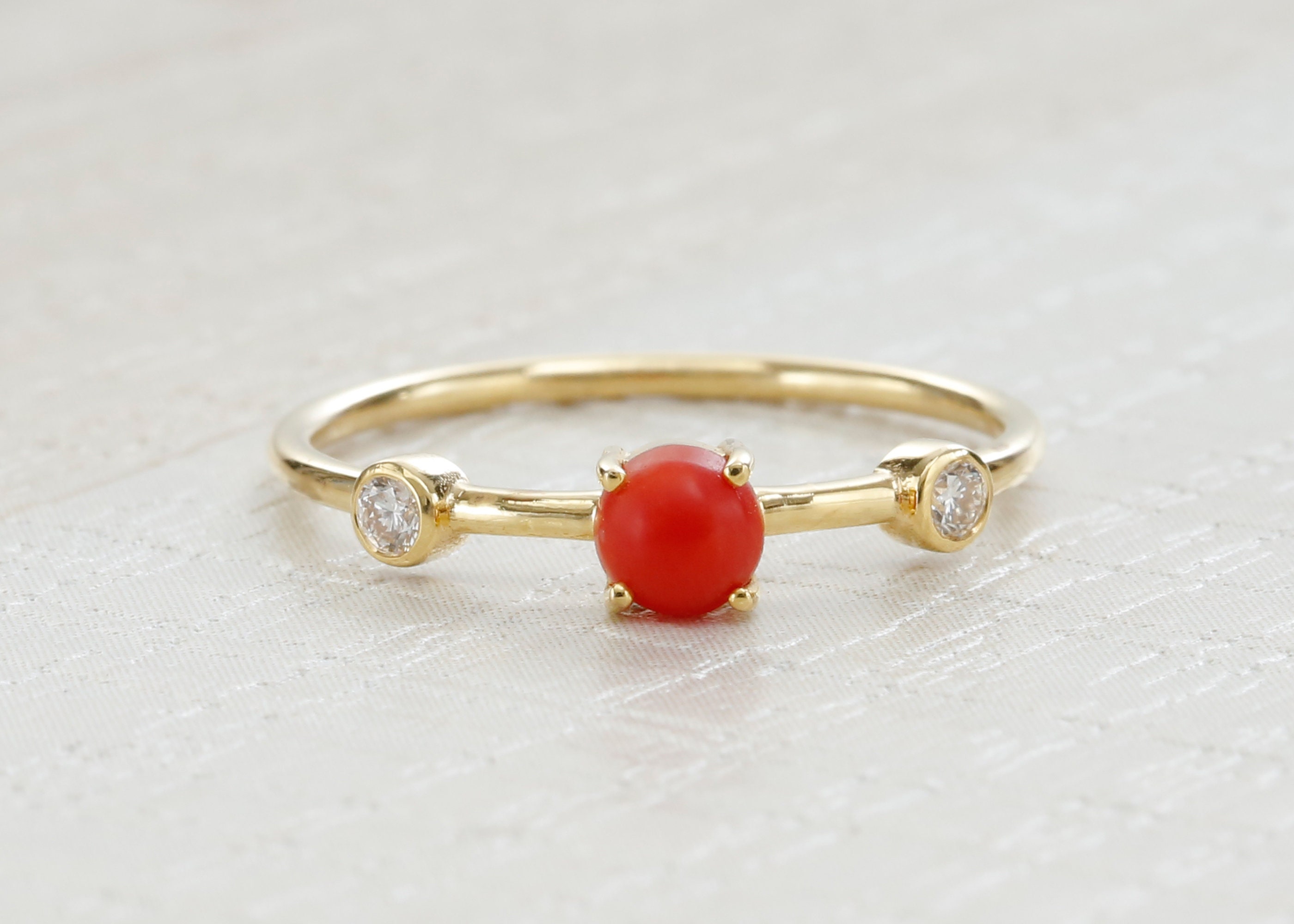 14K Solid Gold Coral Ring/Coral Ring/Diamond Ring /Round Coral | Etsy