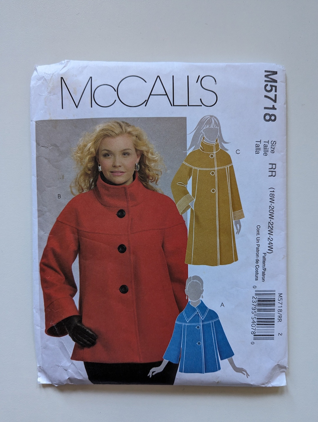 Sz 18W-24W 1X-2X Mccalls Plus Size Womens Winter Coat Jacket Lined Two Lengths Two Collar ...