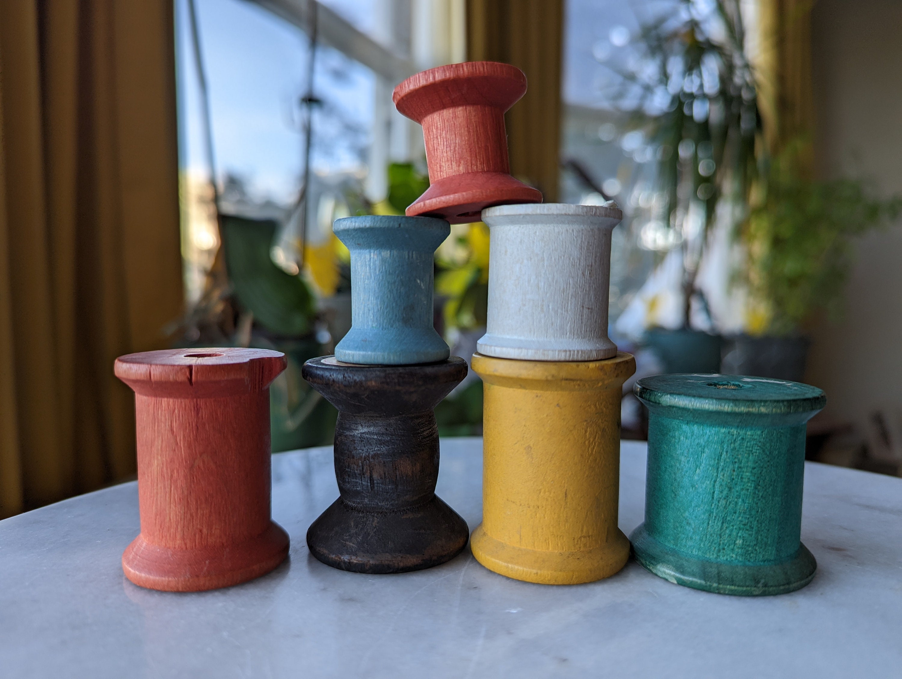 Lot of 7 Vintage Empty Colored Wood Wooden Sewing Thread Spools, With ...