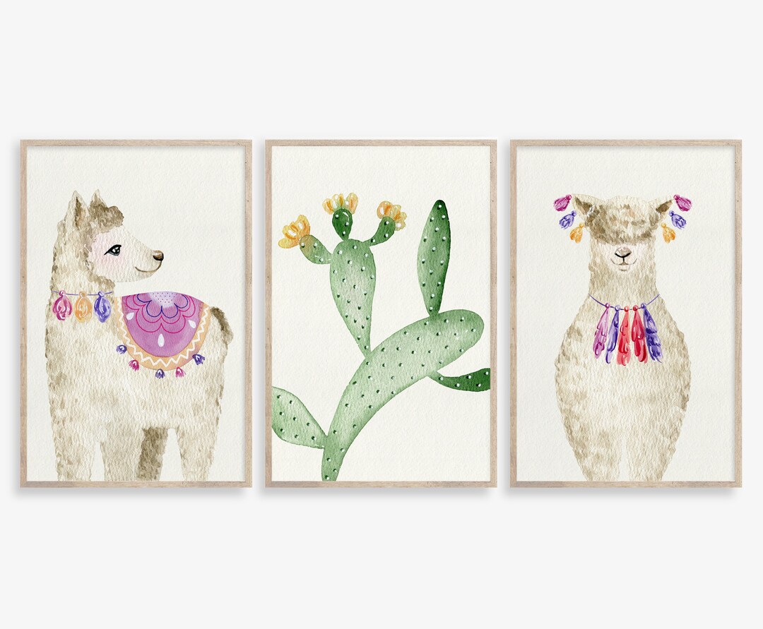 Watercolor Llama & Cactus Print Set: Kids Nursery Decor (digital ...