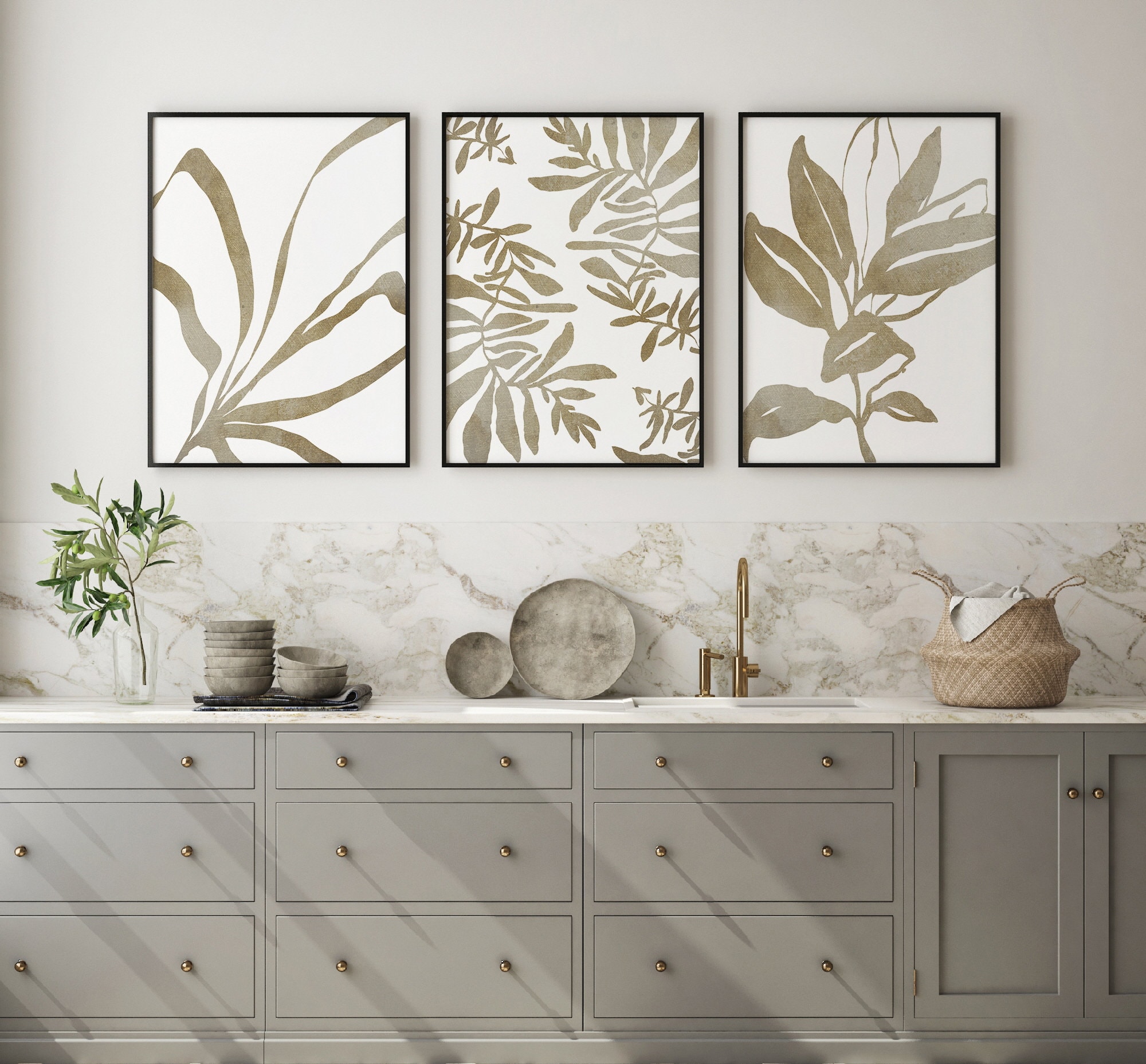 Set of 3 Sepia Botanical Prints: Vintage Leaf Wall Art (digital ...