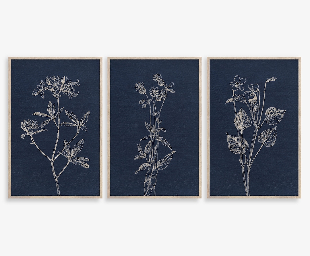 Botanical Prints Set: Navy Watercolor Floral Wall Art (digital Download ...