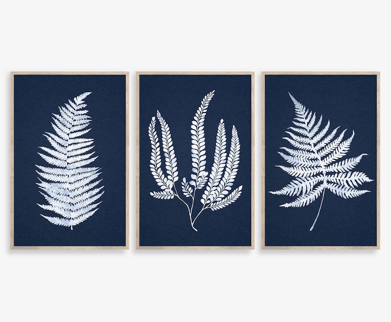 Fern Prints Set of 3 Prints Botanical Wall Art Navy | Etsy