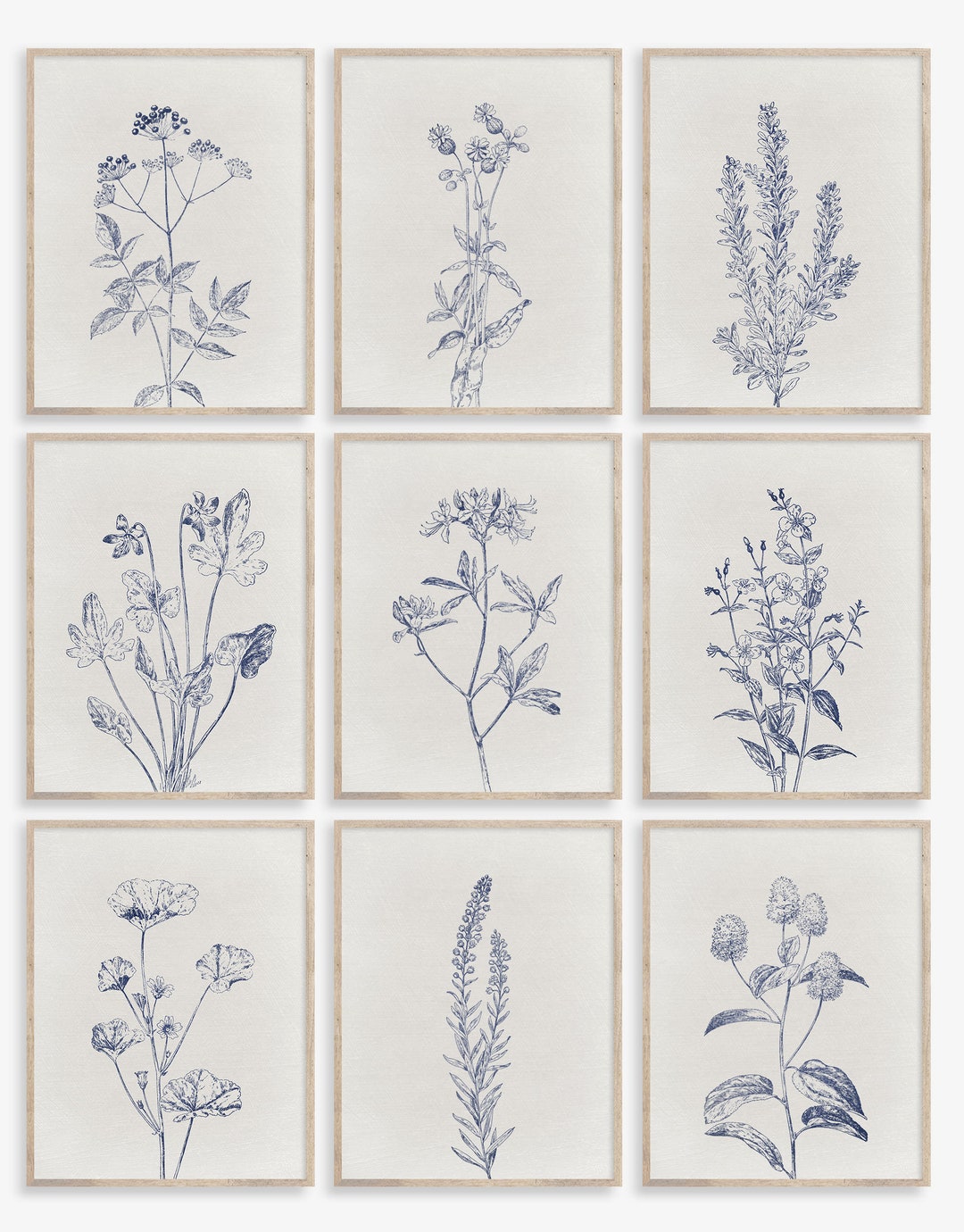 Set of 9 Indigo Botanical Prints: Navy Blue Watercolor Art (digital ...