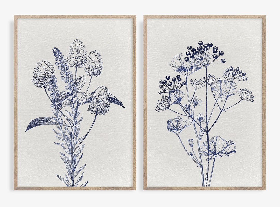 Set of 2 Navy Blue Botanical Prints, Indigo Blue Watercolor Printable ...
