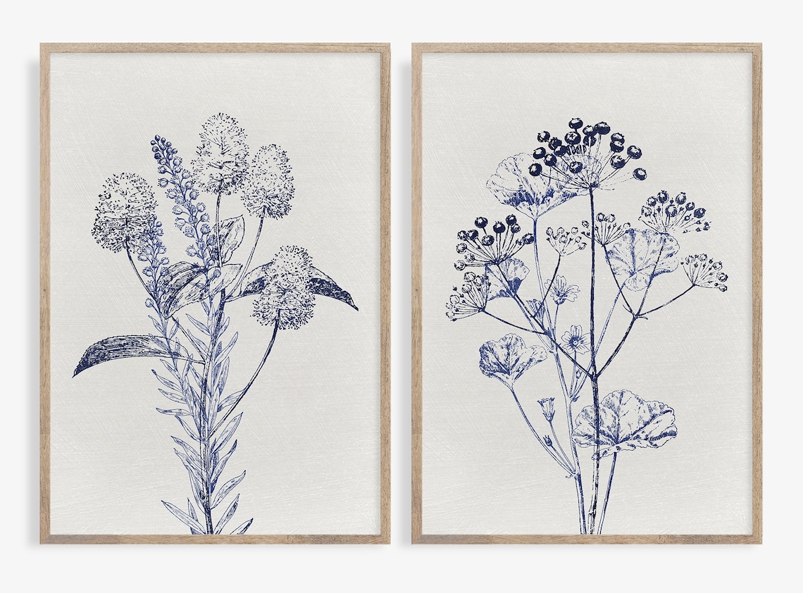 Set of 2 Navy Blue Botanical Prints Indigo Blue Watercolor - Etsy