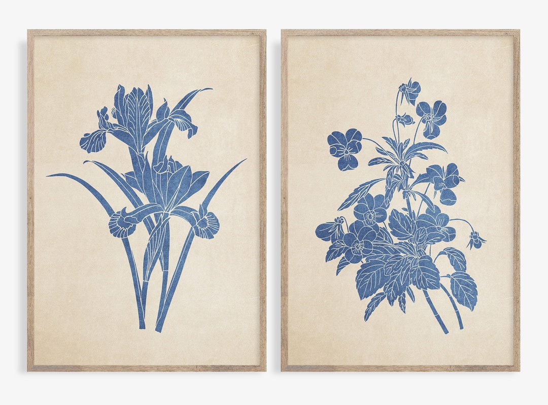 Blue Botanical Print Set , Navy Blue Flower Print Set of 2, Wildflower ...