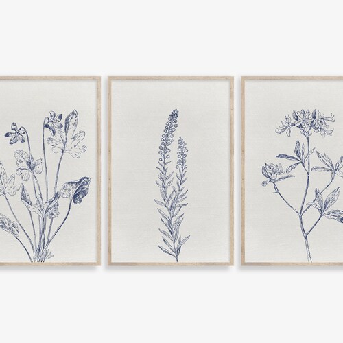 Navy Blue Wall Art Botanical Print Set of 3 Floral Wall Art - Etsy