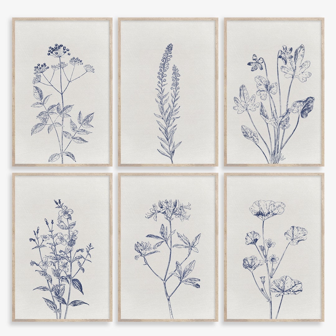 Set of 6 Navy Blue Botanical Prints, Indigo Blue Watercolor Printable ...
