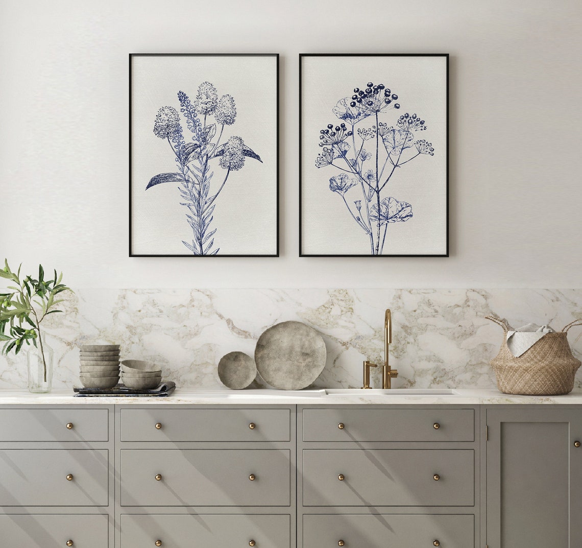 Set of 2 Navy Blue Botanical Prints Indigo Blue Watercolor - Etsy