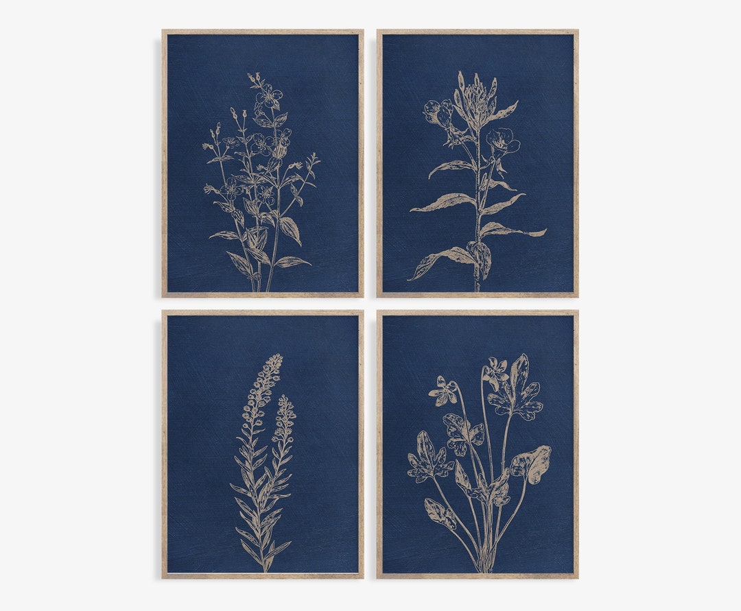 Navy Botanical Prints Set: Watercolor Indigo Wall Art (digital Download ...