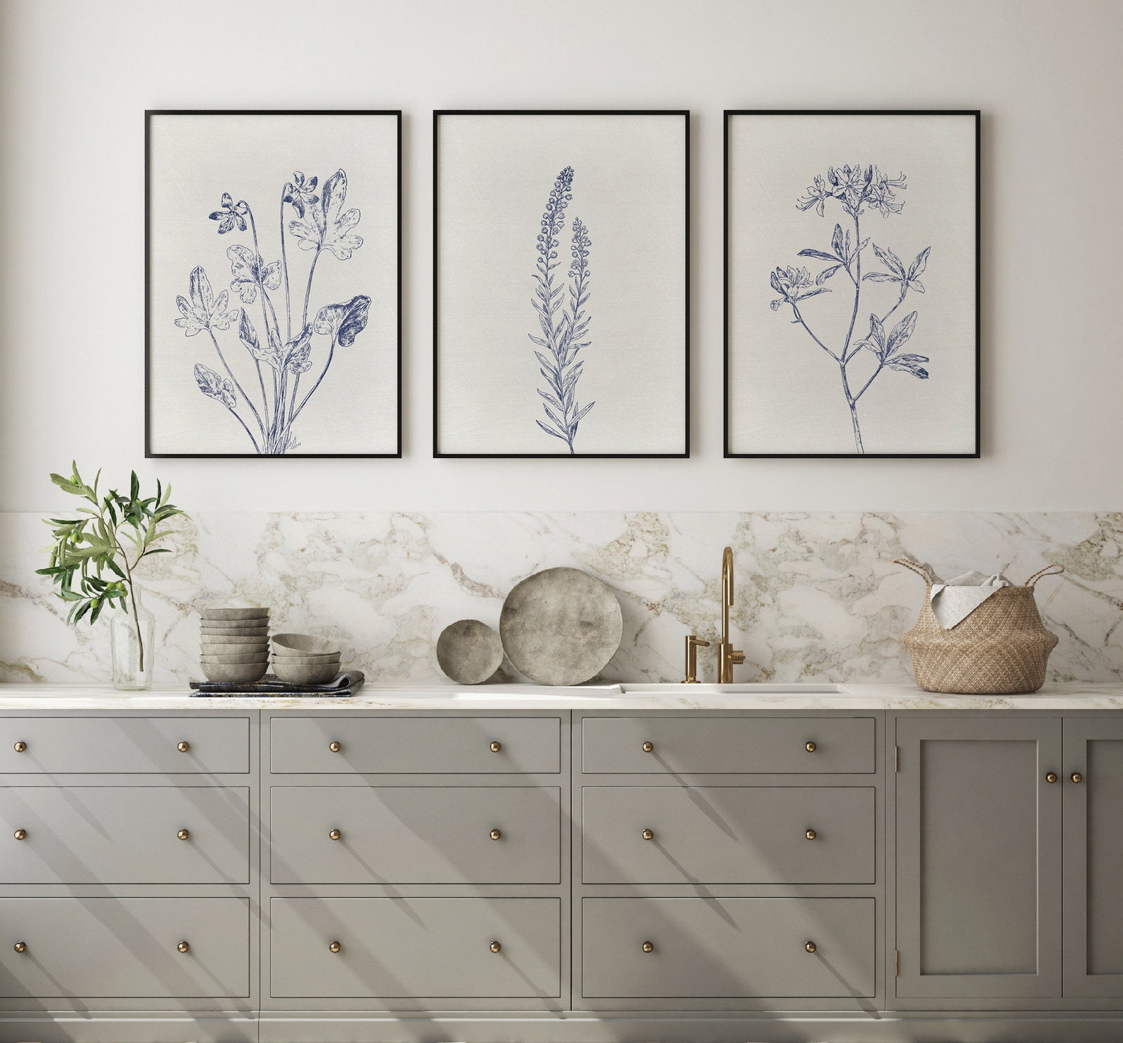 Set of 3 Navy Blue Botanical Prints Indigo Blue Watercolor - Etsy