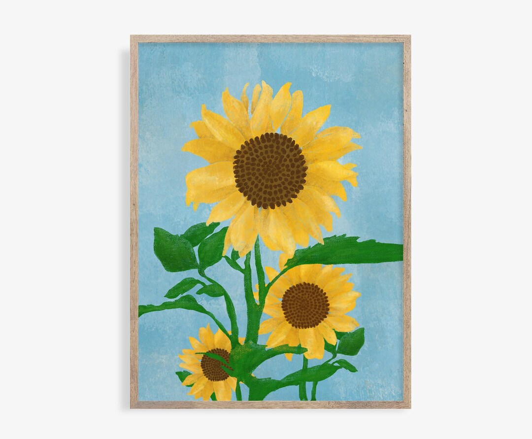 Whimsical Sunflower Crayon Art Print: Sky Blue Botanical Poster ...