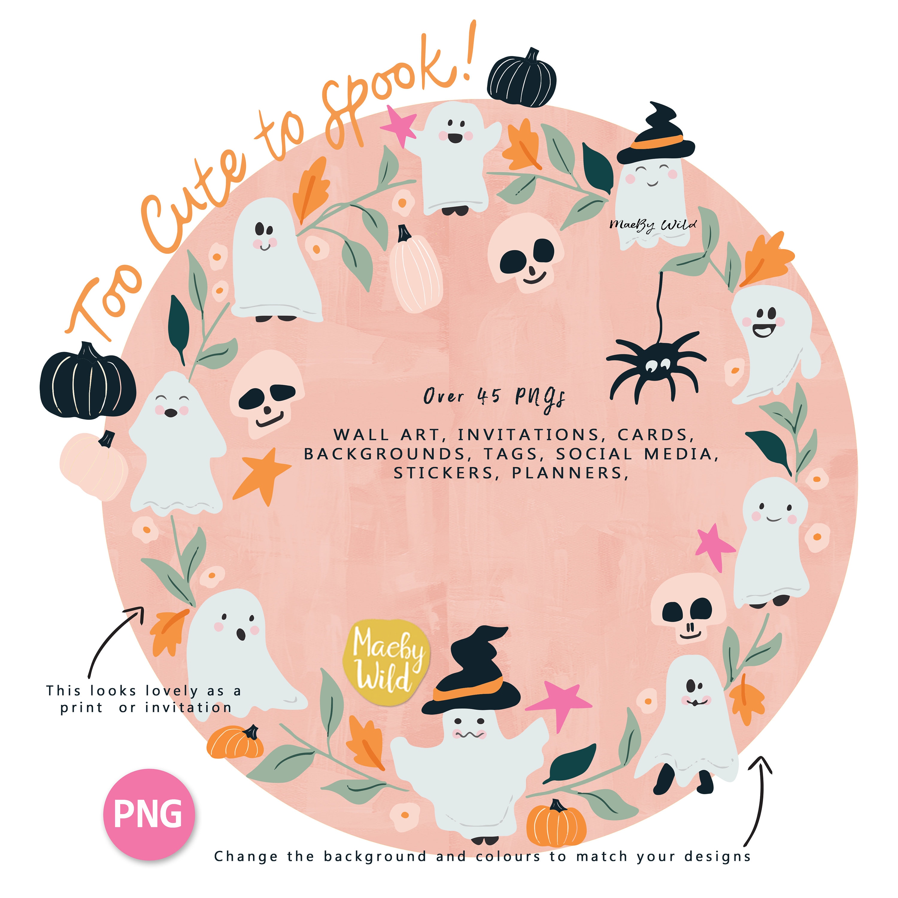 Cute Halloween Clipart, Pink Orange Pumpkins, Flower Skulls, Hand Drawn ...