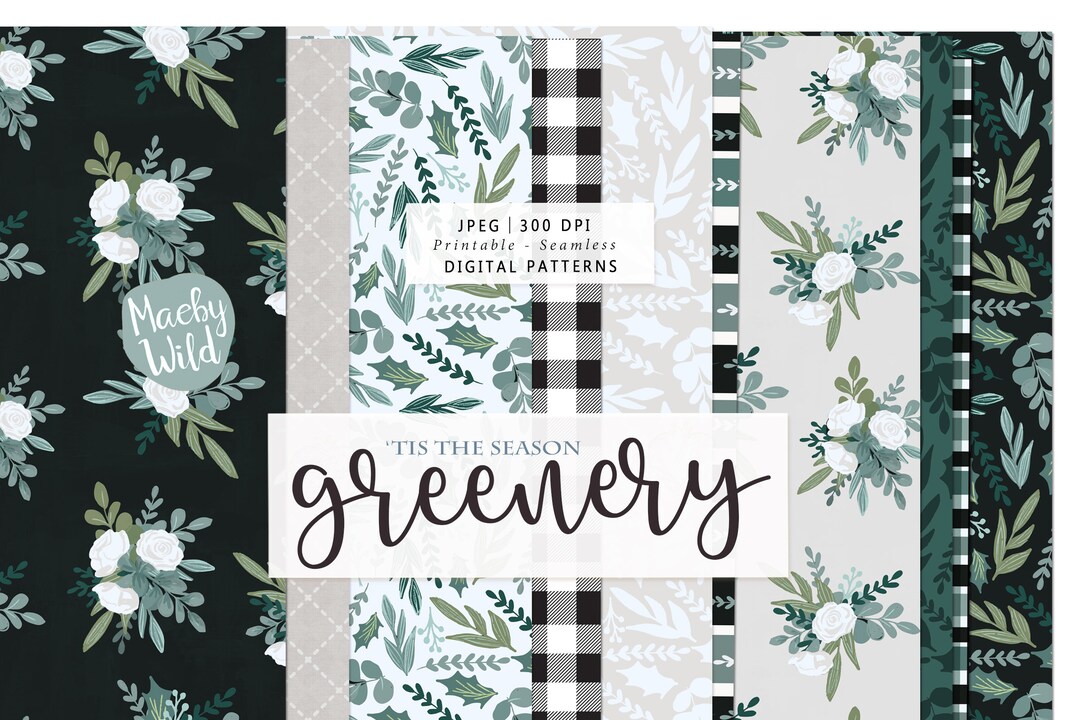 Christmas Greenery Digital Seamless Pattern Paper - Holiday Flowers and ...
